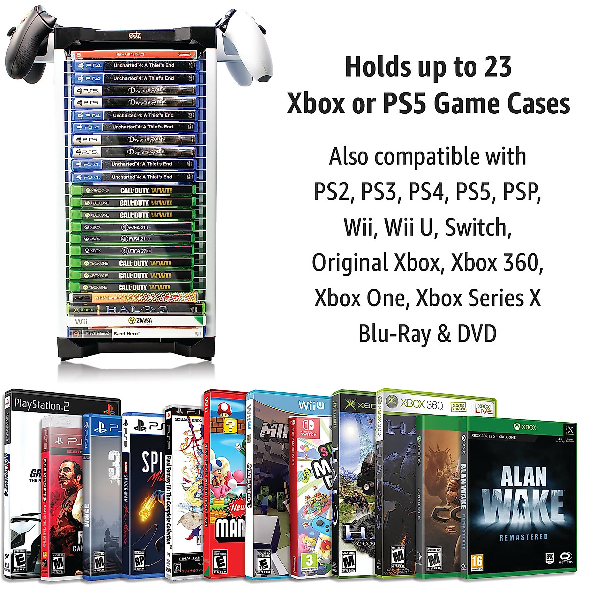 ADZ Universal Game Holder – 23 Game Storage Tower Rack for PS2 PS3 PS4 PS5 PSP Xbox 360 Xbox One Series X Wii Switch Games DVD and Blu-Ray Disks. Includes 2 Controller Mounts