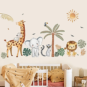 wondever Boho Jungle Animals Wall Stickers Safari Animal Palm Tree Elephant Giraffe Lion Peel and Stick Wall Art Decals for Baby Nursery Kids Bedroom
