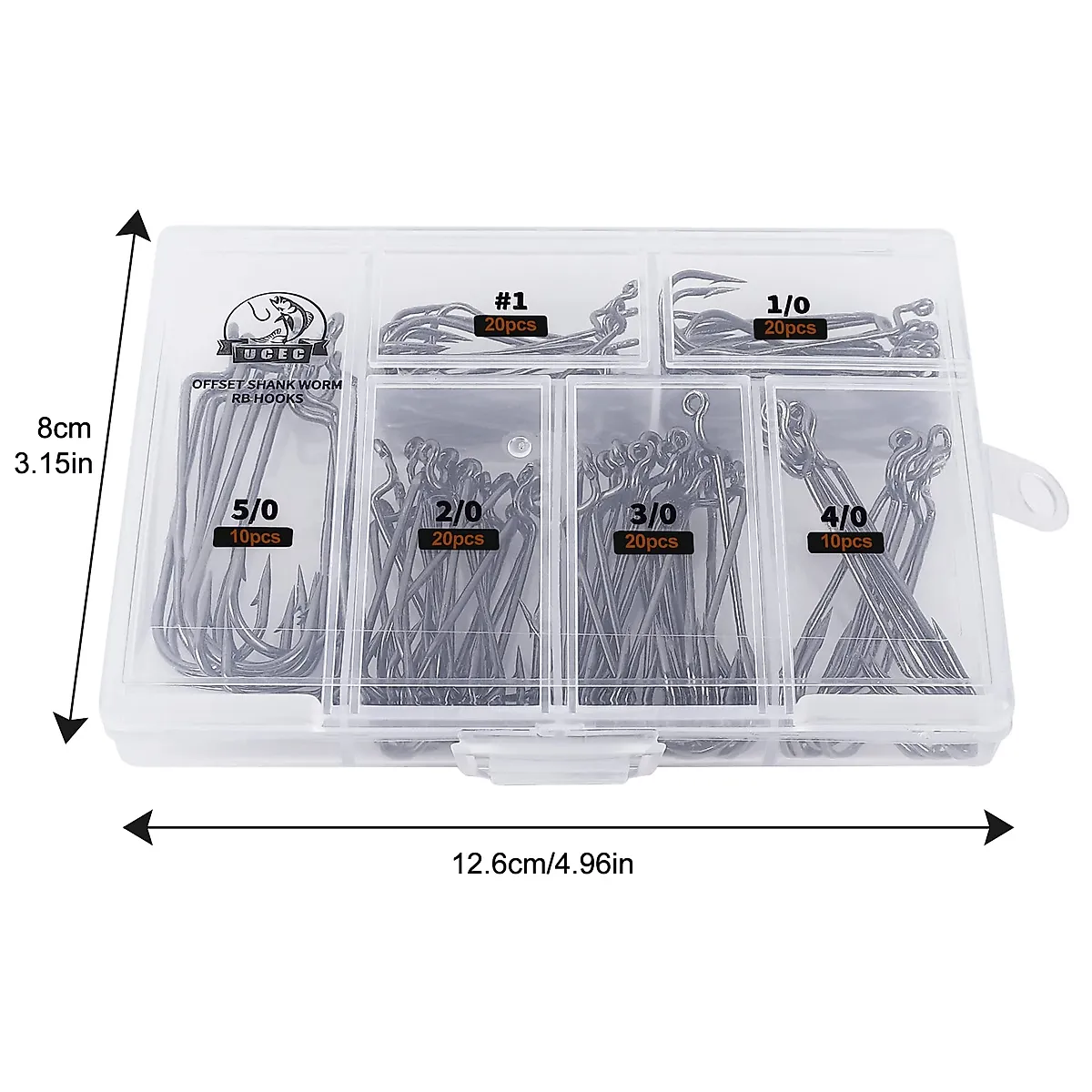 UCEC 100pcs/Box Fishing Hooks Worm Hooks Offset Shank Round Bend Worm Hooks Bass Hooks High Carbon Steel Saltwater Freshwater - 6 Sizes: #1 1/0 2/0 3/0 4/0 5/0