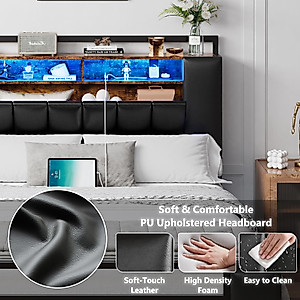 Alohappy Queen Bed Frame with Storage Headboard & Charging Station, PU Leather Platform Bed Frame Queen Size with LED Lights and Hidden Storage, Heavy Duty Metal Slats, No Box Spring Needed, Black