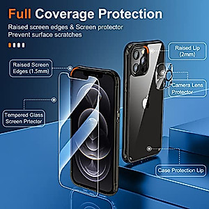 UniqueMe [5 in 1 Design for iPhone 12 Pro Max 6.7 inch Case, 2 Pack Screen Protector Tempered Glass + 2 Pack Camera Lens Protector, [Non-Yellowing] Shockproof Ultra Thin Protective Cover-Clear Black