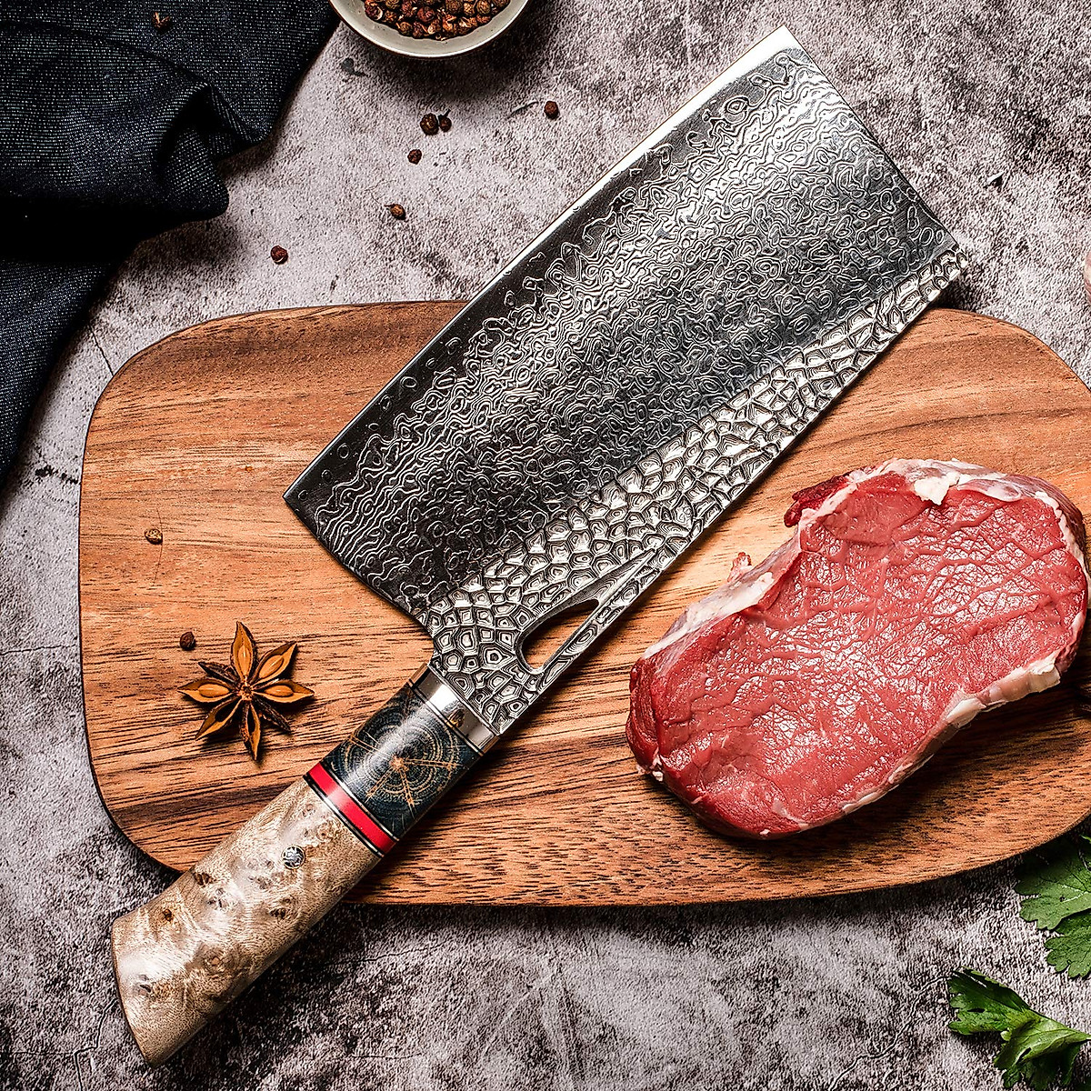 FZIZUO Damascus Kitchen Chinese Cleaver,7.5in Professional Handmade Chopping Chopper Knives with Burl Stabilized Wood Handle for Meat and Vegetable in Home&Restaurant
