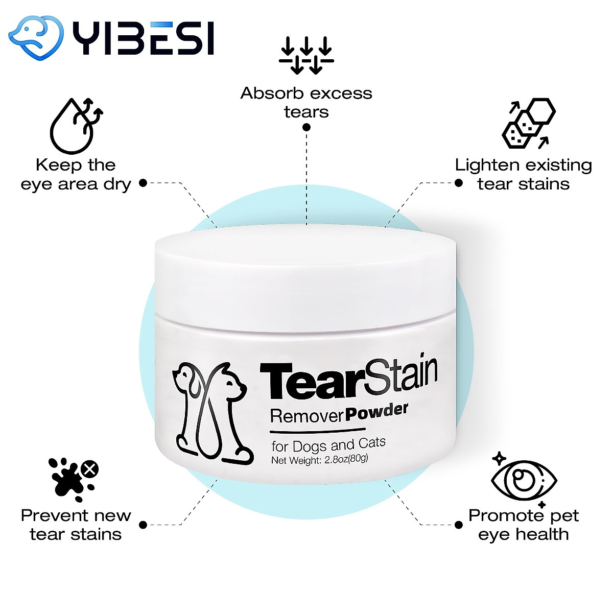Yibesi Tear Stain Remover Powder for Dogs & Cats - Gentle Formula for Absorbing Tears, Lightening & Preventing Stains - Safe and Effective -2.8 Oz.