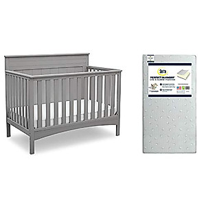 Delta Children Fancy 4-in-1 Crib, Grey + Serta Perfect Slumber Dual Sided Recycled Fiber Core Crib and Toddler Mattress (Bundle)