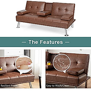 POWERSTONE Leather Futon Sofa Bed Convertible Folding Couch for Living Room Sectional Sleeper Sofa for Small Space with Cup Holder and Removable Armrest Brown