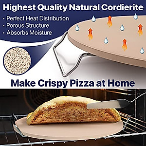 KitchenStar Pizza Stone 16 inch with Handles (Large) - Cordierite Baking Stone Set with Metal Rack & Plastic Scraper - High Temperature Resistant Ceramic Pizza Stones for Oven, Grill or Smoker