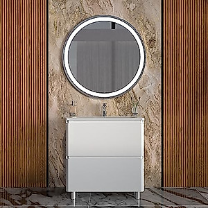 Modern Free Standing Bathroom Vanity with Washbasin | Comfort White High Gloss Collection with Side Vanity Cabinet | Non-Toxic Fire-Resistant MDF-64 (12+40+12)-Omega Collection R-line 32"