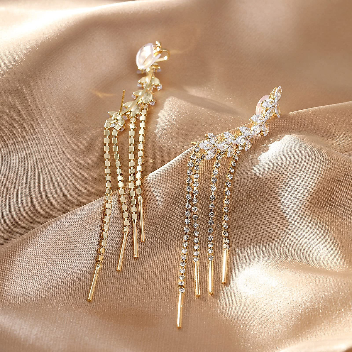 Yumikoo Tassel Ear Cuff Earrings for Women - Rhinestone Copper Ear Clip