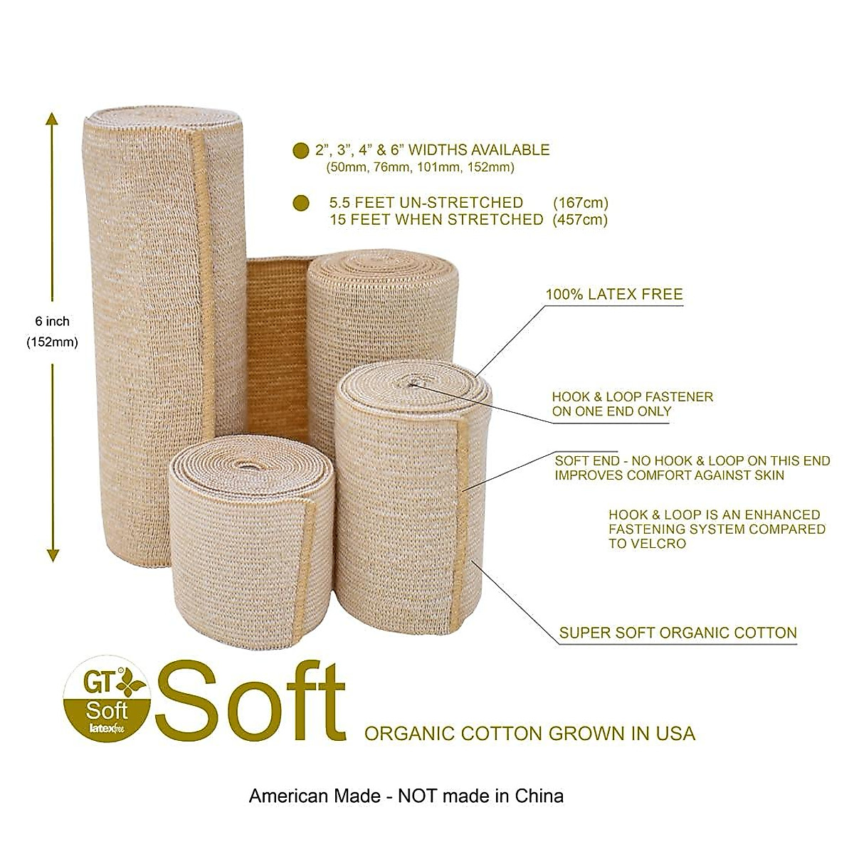 Premium Elastic Bandage Wrap (4" Wide, 2 Pack) - Made of USA Grown Cotton - Hook & Loop Fastener at One End - GT Latex Free Hypoallergenic Compression Roll for Sprains & Injuries