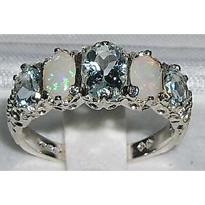 LetsBuyGold 14k White Gold Real Genuine Aquamarine and Opal Womens Promise Ring - Size 9