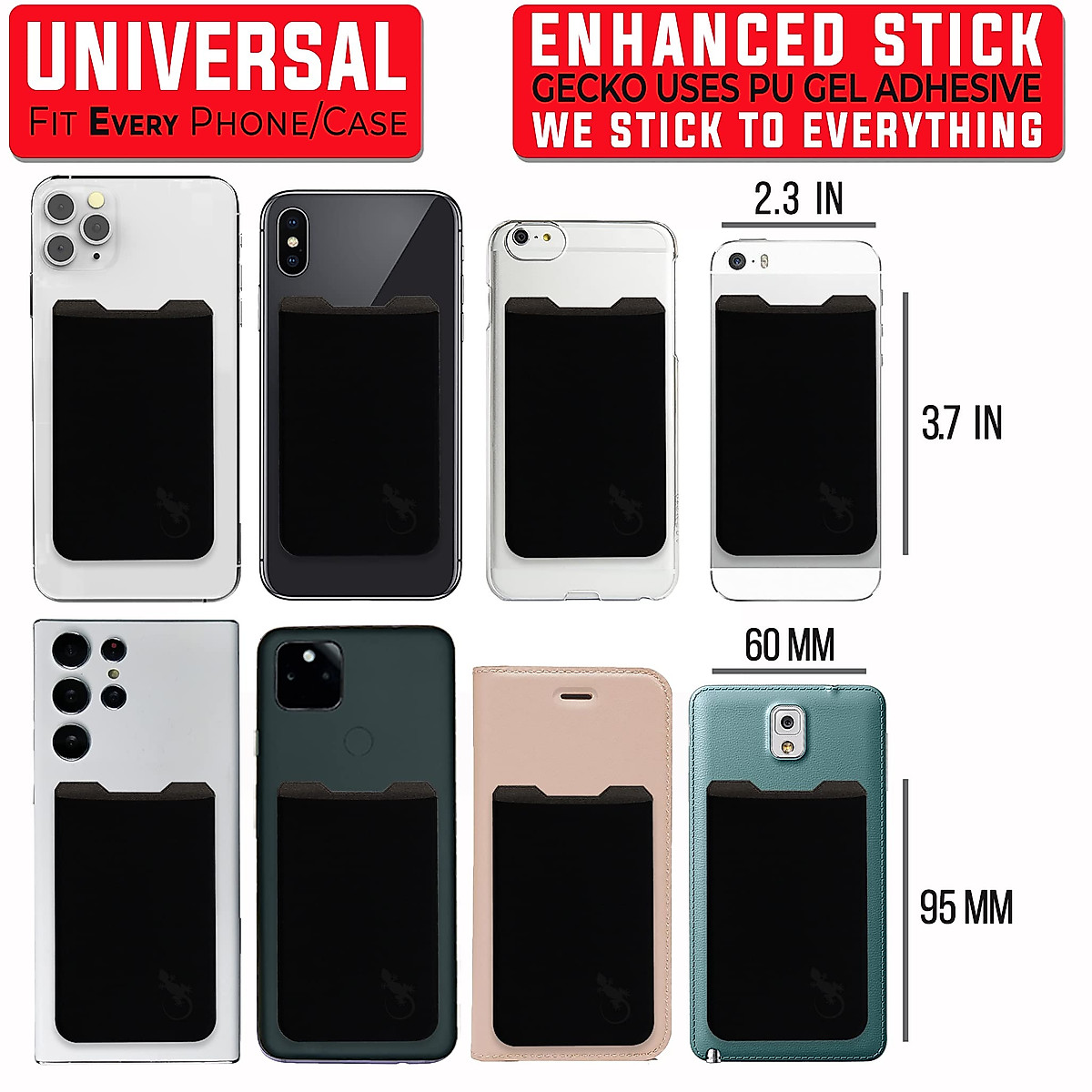 Gecko Travel Tech Phone Wallet - Stick On Card Holder Wallet for Cell Phones - Adhesive Card Pocket for Credit Cards and Money - Sticker for Cases - Phone Stand - BLACK BLACK