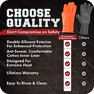 KITCHEN PERFECTION XL Silicone Smoker Oven Gloves-Extreme Heat Resistant BBQ Gloves-Handle Hot Food Right on Your Grill Fryer&Pit|Waterproof Grilling Cooking Baking Mitts|Superior Value Set+3 Bonuses