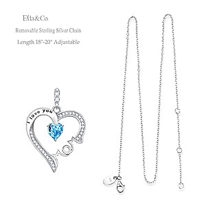 March Birthstone Jewelry for Her Birthday Gifts Aquamarine Necklace I Love You Mom Love Heart Pendant Necklace for Mother in Law Sterling Silver