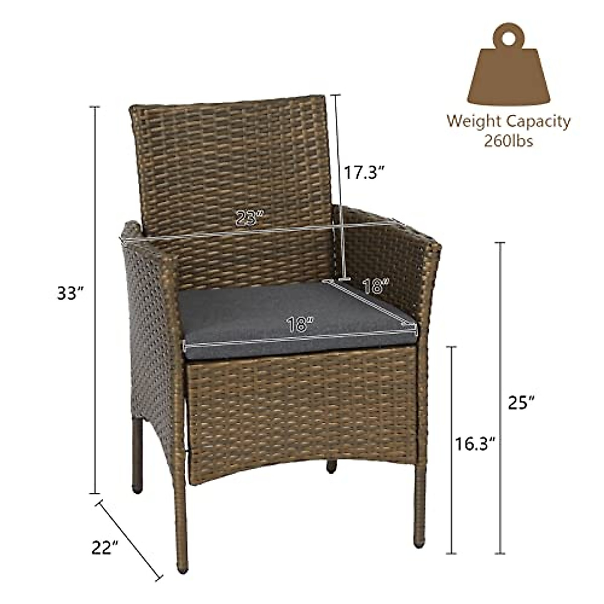 Kinsunny 2 PCS Outdoor Wicker Rattan Chairs with Cushions, Patio Dining Chairs Set of 2, PE Rattan Patio Chair Set for Deck, Porch, Balcony, Brown