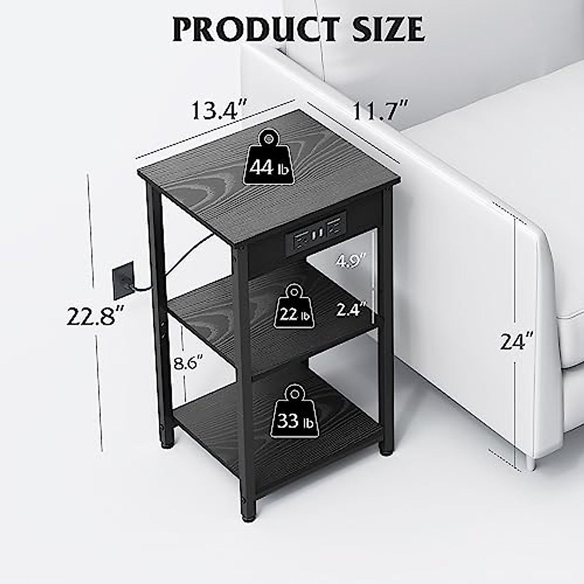 WLIVE End Table with Charging Station and USB Ports, 3-Tier Side Table with Adjustable Shelf, Side Table with Outlet for Small Spaces, Living Room, Bedroom, Black