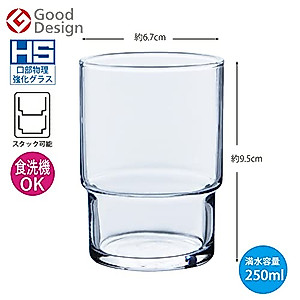 Toyo Sasaki Glass 00346HS Tumbler Glass, HS Stack Tumbler, Father's Day, 8.5 fl oz (250 ml), 6 Stacks, Made in Japan, Dishwasher Safe, Shatter-Resistant, Tumbler, Glass, Cup