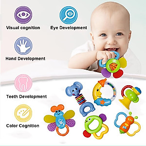 Baby Teether Rattles Sets Toy,Babies Grab Shaker and Spin Rattle Toy Early Educational Toys with Owl Bottle Set for 0,3,6,9,12 Month Newborn Toys Baby Boy Girl