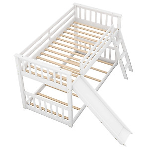 Harper & Bright Designs Low Bunk Beds with Slide, Solid Wood Twin Over Twin Bunk Beds Frame with Ladder, Safety Guardrail, Twin Size Floor Bunk Bed for Kids, Teens, White