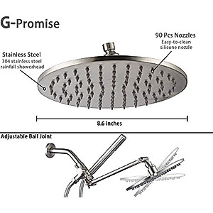 G-Promise All Metal Dual Shower Head Combo | 8" Rainfall Shower Head, Handheld Shower Wand | Smooth 3-way Diverter | with Adjustable Extender - An Upgrade of Shower Experience(Brushed Nickel)