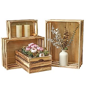 JUMBO HUMBLE Large Torched Wood Storage Crates Decorative, Set of 4 Nesting Wooden Crates for Display Rustic, Farmhouse Wooden Storage Container Boxes Made from 100% Wood