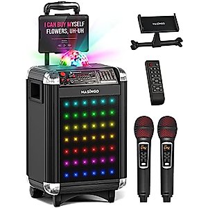 MASINGO Karaoke Machine for Adults & Kids with 2 Wireless Microphones - Portable Singing PA Speaker System w/Two Bluetooth Mics, Party Lights, Lyrics Display Holder & TV Cable - Soprano X1 Black