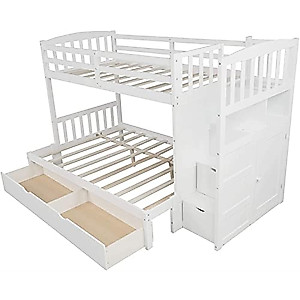 ATH-S Twin Over Full/Twin Stairway Bunk Bed with Storage Shelves and Drawers Wood Convertible Bottom Bed Bedroom Furniture for Adults, No Spring Box Needed,White (Color : White)