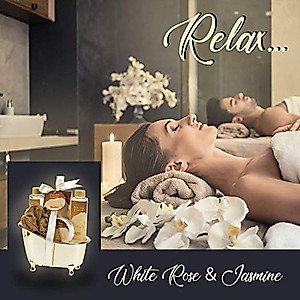 White Rose Jasmine Spa Set For Women Displayed in Elegant Gold Tub Includes Shower Gel, Bubble Bath, Body Lotion, Jasmine Bath Salt and Pouf, Award Winning Bath and Body Set