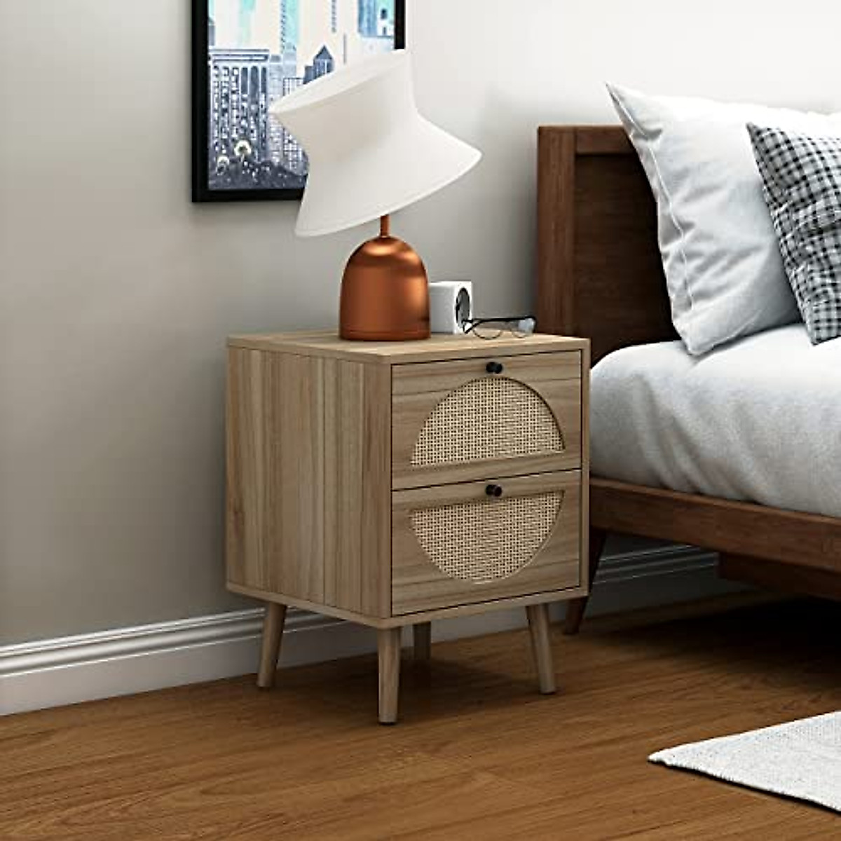 FOKWE Rustic Rattan Nightstand 2-Drawer, End Table Side Table Wooden Coffee Table with Storage and Solid Wood Legs for Living Room, Bedroom(Walnut,2 Pack), Walnut-2 Drawers-2 Packs,