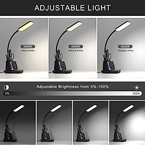Vicsoon Desk Lamp with Wireless Charger, LED Desk Lamps for Home Office, 800 Lumens, Small Desk Lamp with Pen Holder, Flexible Arm, 3 Modes, Dimming, Touch Lamp for College Dorm Room, with Adapter