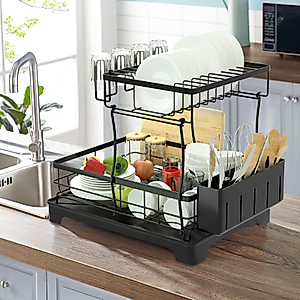 Zhithink Dish Drying Rack for Kitchen Counter, Large Dish Rack, Kitchen Drying Rack, Dishes Drying Rack, Kitchen Dish Drying Rack, Kitchen Drying Rack for Dishes, 2 Tier Dish Drainers Black