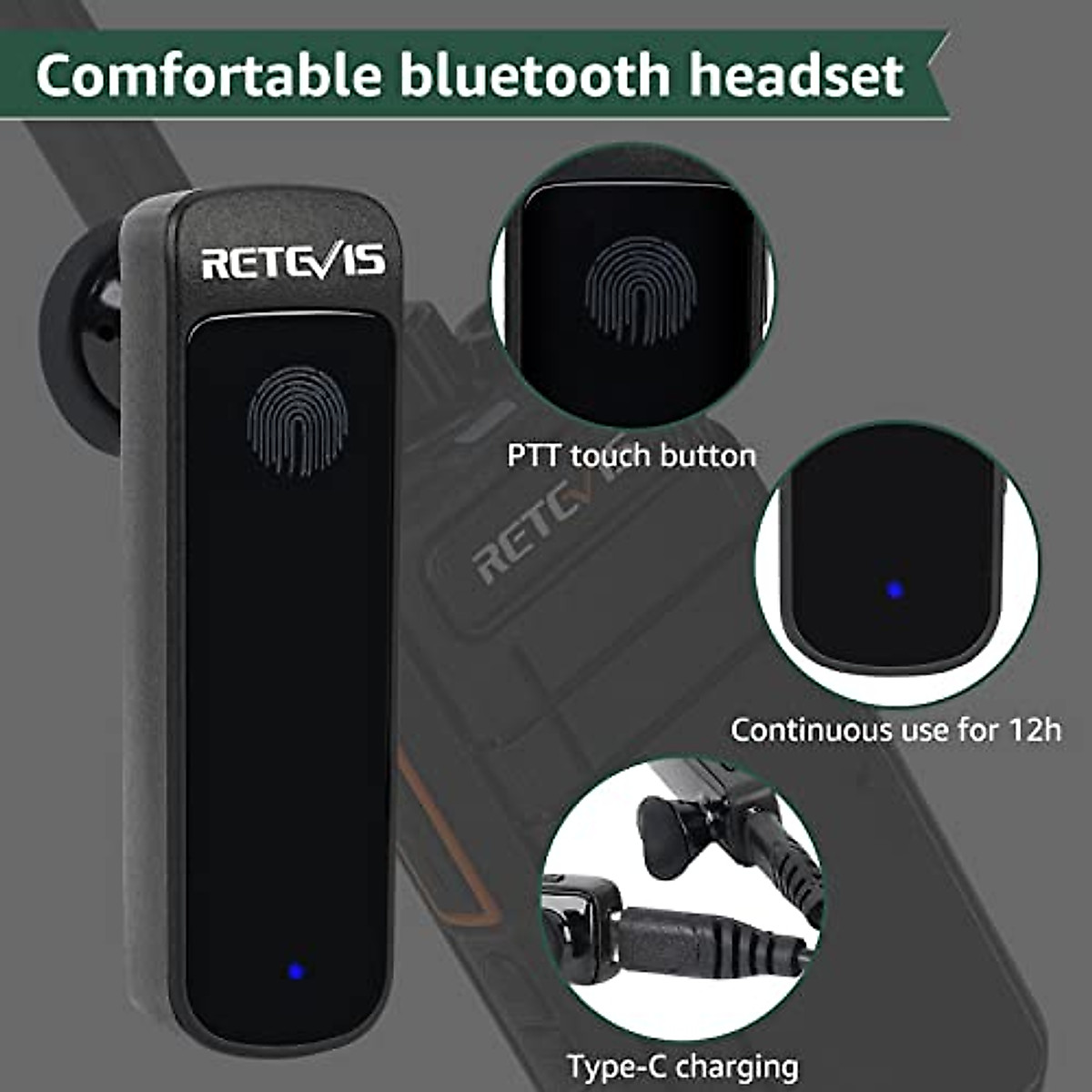 Retevis RB37 New Version,Bluetooth Two Way Radio,Walkie Talkies for Adults,Wireless Earpiece,2000 mAh,VOX,Type-C,for Retail Pet Hospital (2 Pack)