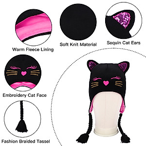 Girl Knit Cat Ear Beanie Hat and Glove Set Kids Winter Earflap with Braided Ski Skull Cap Mitten Set Age 3-7