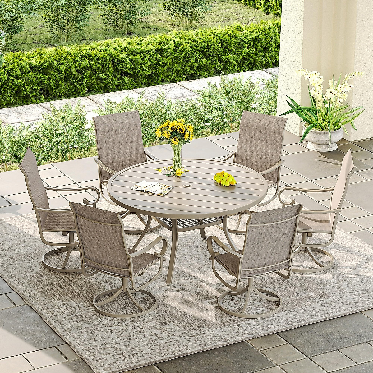 DIFY 7 PCS Patio Dining Set, Outdoor Dining Furniture Set with 47.2" Round Dining Table with Umbrella Hole & 6 Patio Swivel Curved Armrests Chairs for Yard Garden Porch Lawn, Sandshell