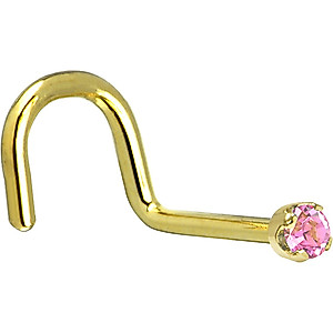 Body Candy Solid 14k Yellow Gold 2mm Pink Cubic Zirconia Right Nose Stud Screw 18 Gauge 1/4"