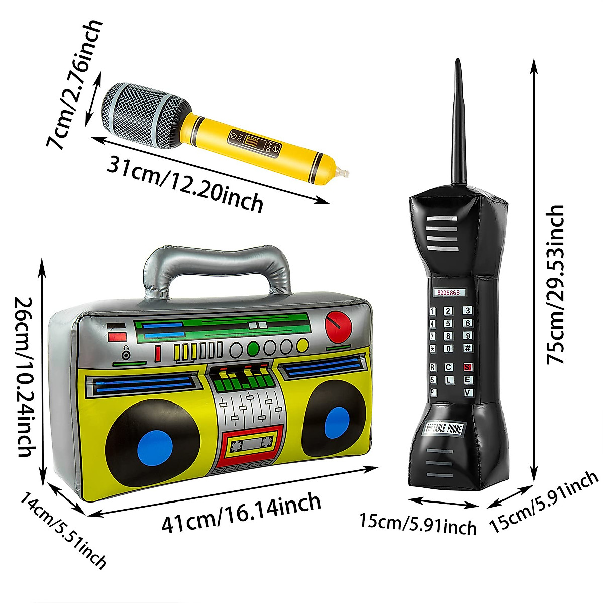ONLYFU Inflatable Radio Boombox Inflatable Microphones Mobile Phone Props for 80s 90s Party Decorations, Hip Hop Theme Birthday Party Supplies 3pcs Inflatable Props