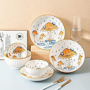 Bicuzat Cute Mushroom Pattern Ceramic Bowls Set Soup Bowls Dessert Bowls, 6 Inch, Set of 2