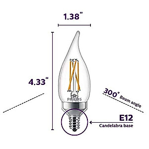 Philips LED Flicker-Free Dimmable BA11 Glass Light Bulb, 300 Lumen, Soft White Light (2700K), 3.3W=40W, 90 CRI, E12 Base, Title 20 Certified, 12-Pack