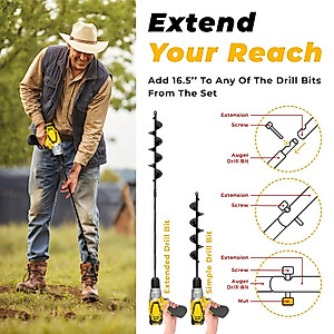 Auger Drill Bit for Planting 3 Pack - with Extension - Garden Tools Spiral Hole Drill Planter for Bulb Planting, Fence Post, Umbrella Holes - 3/8'' Hex Drive Drill - Gardening, Hole Digger Yard Tools