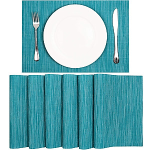SHACOS Placemats Set of 6 Woven Vinyl Place Mats for Dining Table Wipe Clean Stain Resistant Table Mats (6, Teal Blue)