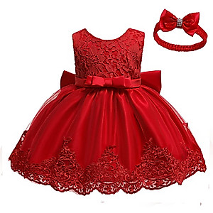 Newborn Baby Girls Formal Dress Infant Birthday Party Lace Frocks Easter Dresses with Headwear (Red 8348,3M)