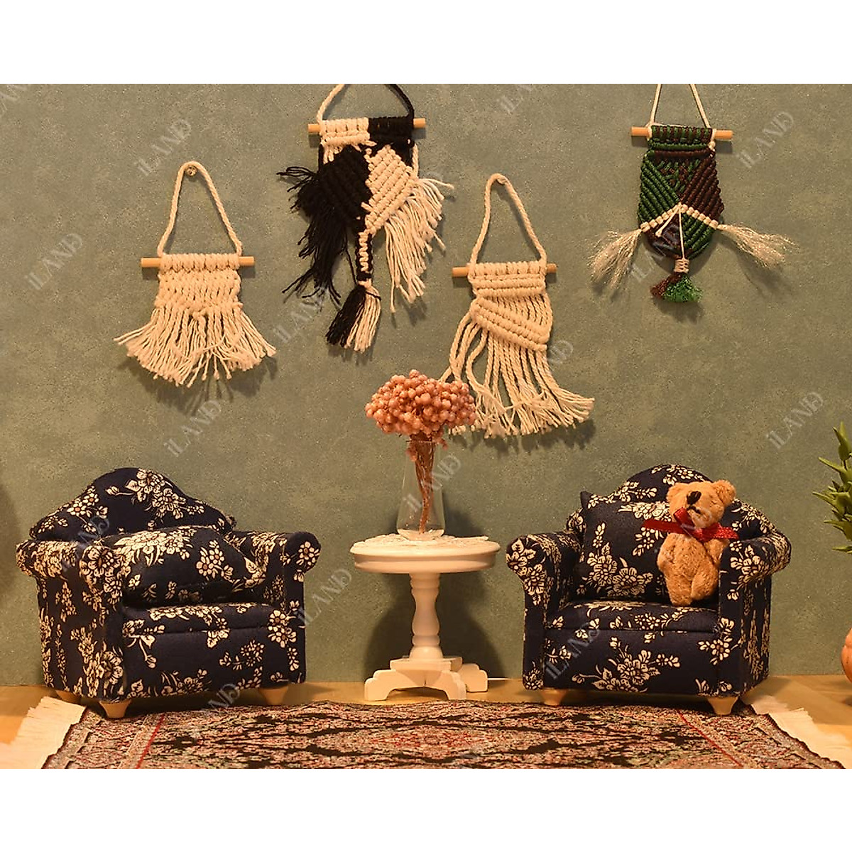 iLAND Dollhouse Furniture on 1/12 Scale for Dollhouse Living Room incl Sofa w/Pillow & End Table & Rug (Blue White Floral Armchairs Set)