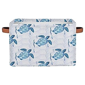 Ocean Sea Turtle Storage Basket Cube Turtoise Mermaid Sclae Large Toys Storage Box Bin with Handle Collapsible Closet Shelf Cloth Organizer for Nursery Bedroom,15x11x9.5 in,1 Pack