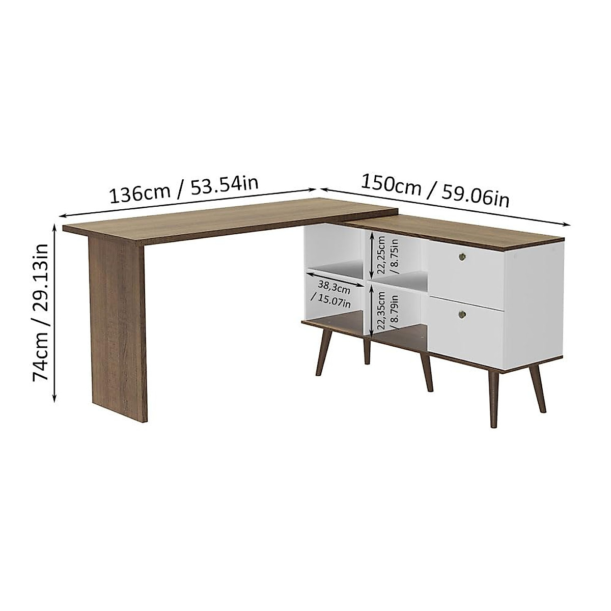 Madesa Modern L Shaped Desk 59 Inch with 2 Drawers and 4 Storage Shelves Home Office Corner Study Table Unit for Kids and Adults - White/Brown