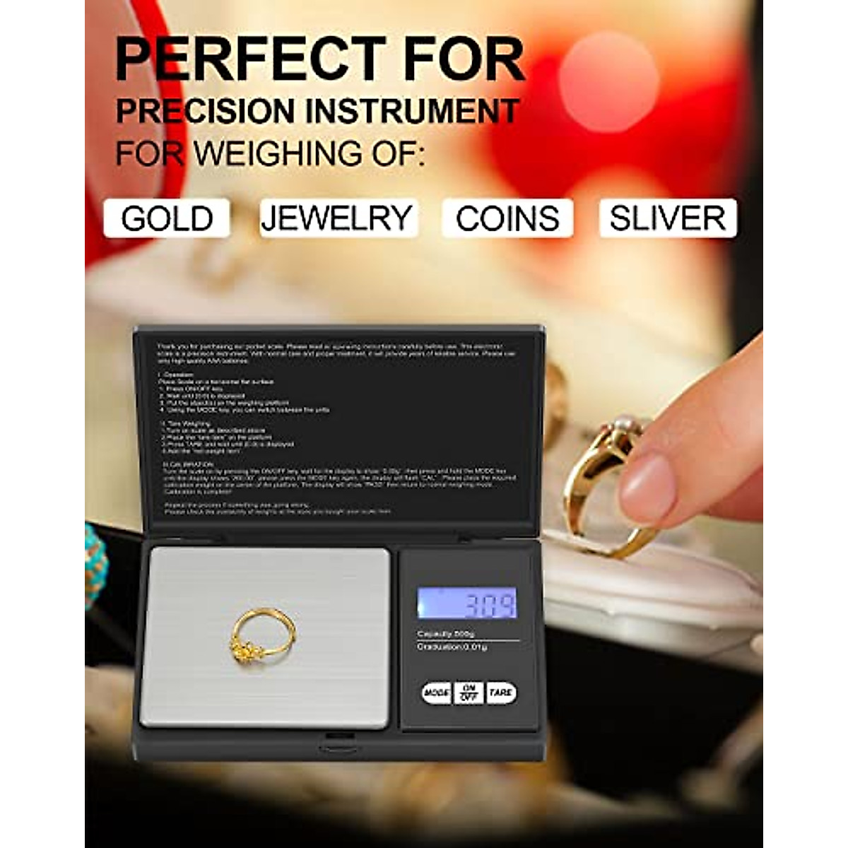 500x0.01g Digital Scales, VIAFOIA Portable High Precision Scales with Back-lit LCD Display, Mini Pocket Kitchen Weighing Scale for Jewellery Gold Food Coffee Herb Coin (Battery Included)