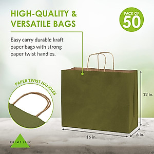 Green Gift Bags – 16x6x12 Inch 50 Pack Large Olive Green Kraft Shopping Bags with Handles, Euro Tote Retail Bags for Small Business & Boutique, Holiday Gifts, Wedding Guests, Birthday Parties, Bulk