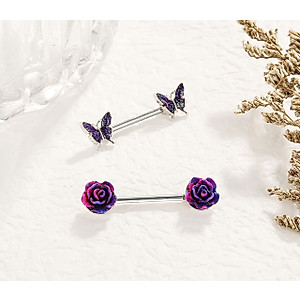 Shakalaka Surgical Steel Nipple Rings Body Piercing Jewelry for Women with Cute Daisy Flower Butterfly Ball Purple 14g