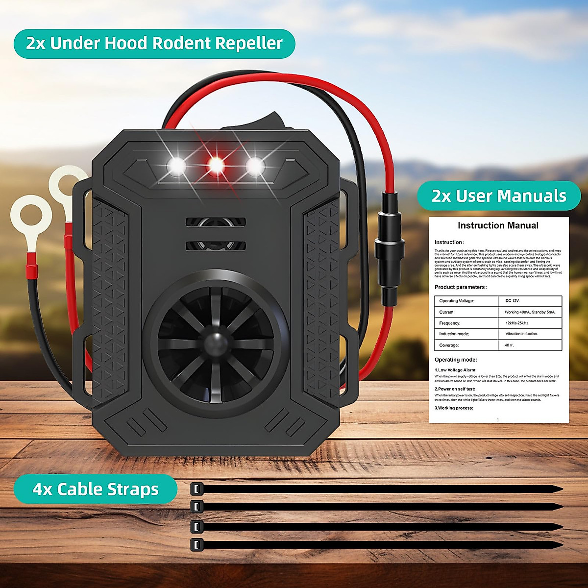 2024 Upgraded Car Mouse Repellent Under Hood Mouse Repellent for Cars with Ultrasonic Strobe Light to Scare Away Rodent Squirrel Repellent for CarEngine Truck RV Warehouse Vehicle Protection(2 Pack)