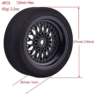 Shaluoman 4Pcs 1/10 On-Road Foam Tires& 2080-3mm Wheel Rims 12mm Hex for HSP HPI RC Racing Car Toy, Black