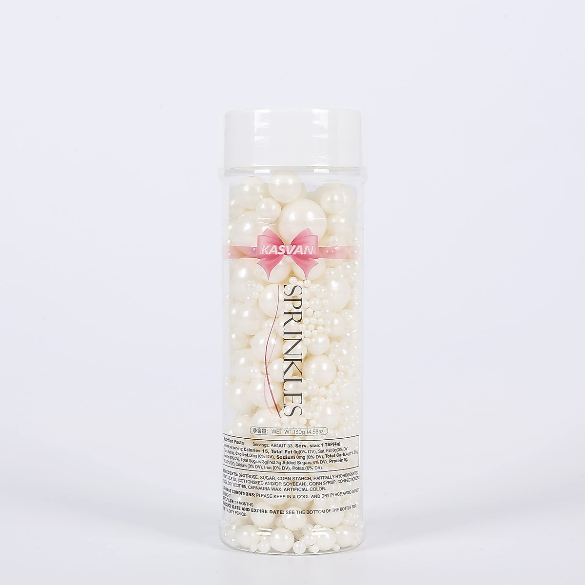 Kasvan White Pearl Sugar Sprinkles - Edible Candy Pearls 130g/4.58 Oz, Mix Size, Baking Cake Decorations, Ice Cream Toppings and Cookie Decorating, Wedding Party Chirstmas Supplies
