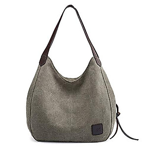 DOURR Women's Multi-pocket Shoulder Bag Fashion Cotton Canvas Handbag Tote Purse (Green - Medium Size)